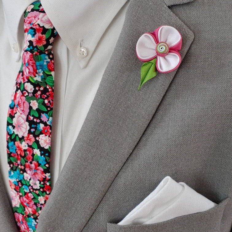Handmade Lapel Flower Pin With a Floral Slim Tie and Pocket Square ...