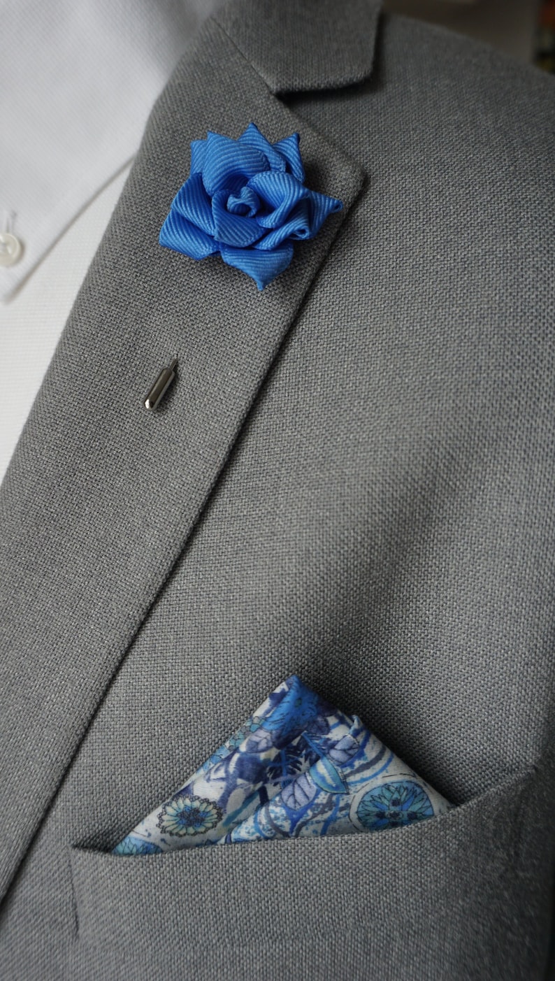 Blue Rose Lapel Pin & Pocket Square Combo Set / Boutonniere / | Etsy