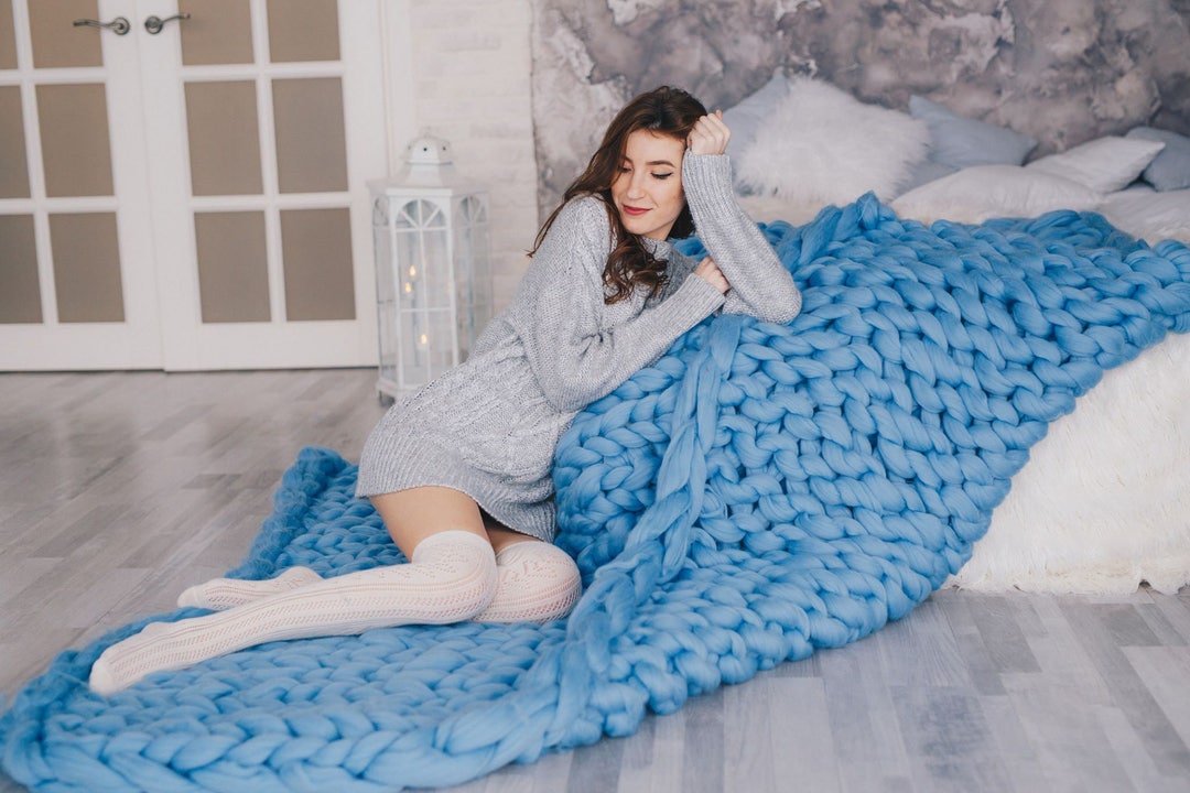 Grobstrick Decke, Merino Wolle, Weihnachtsdecke, Boho Decke ...