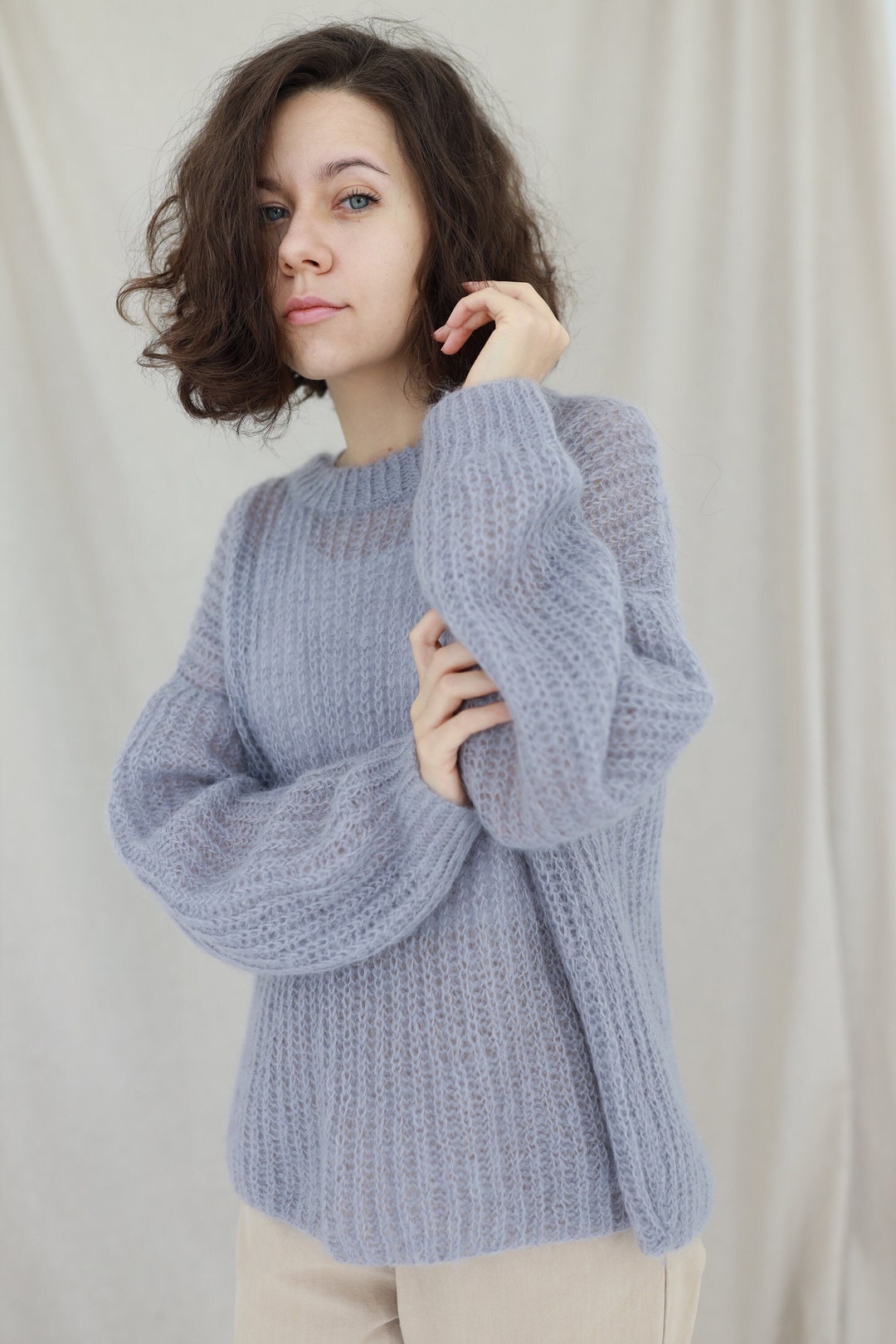 Mohair Sweater, Oversized Sweater, Grey Sweater, Hand Knit Sweater ...