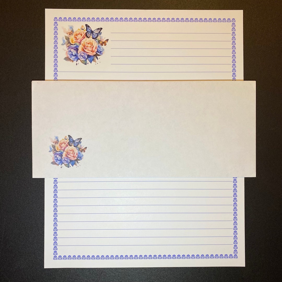 Periwinkle Flowers Butterfly Stationery Set Lined - Stationary Writing ...