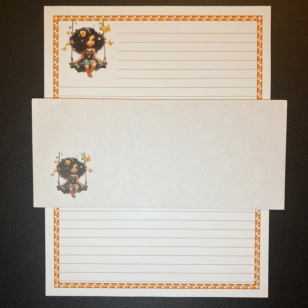 Curly Black Girl Peach - Lined Stationery Set 12 Sheets 12 Envelopes ...