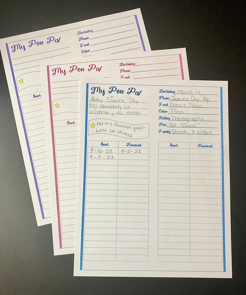 Stationary Pen Pal Tracker Sheets - 12 Sheets Front and Back ...