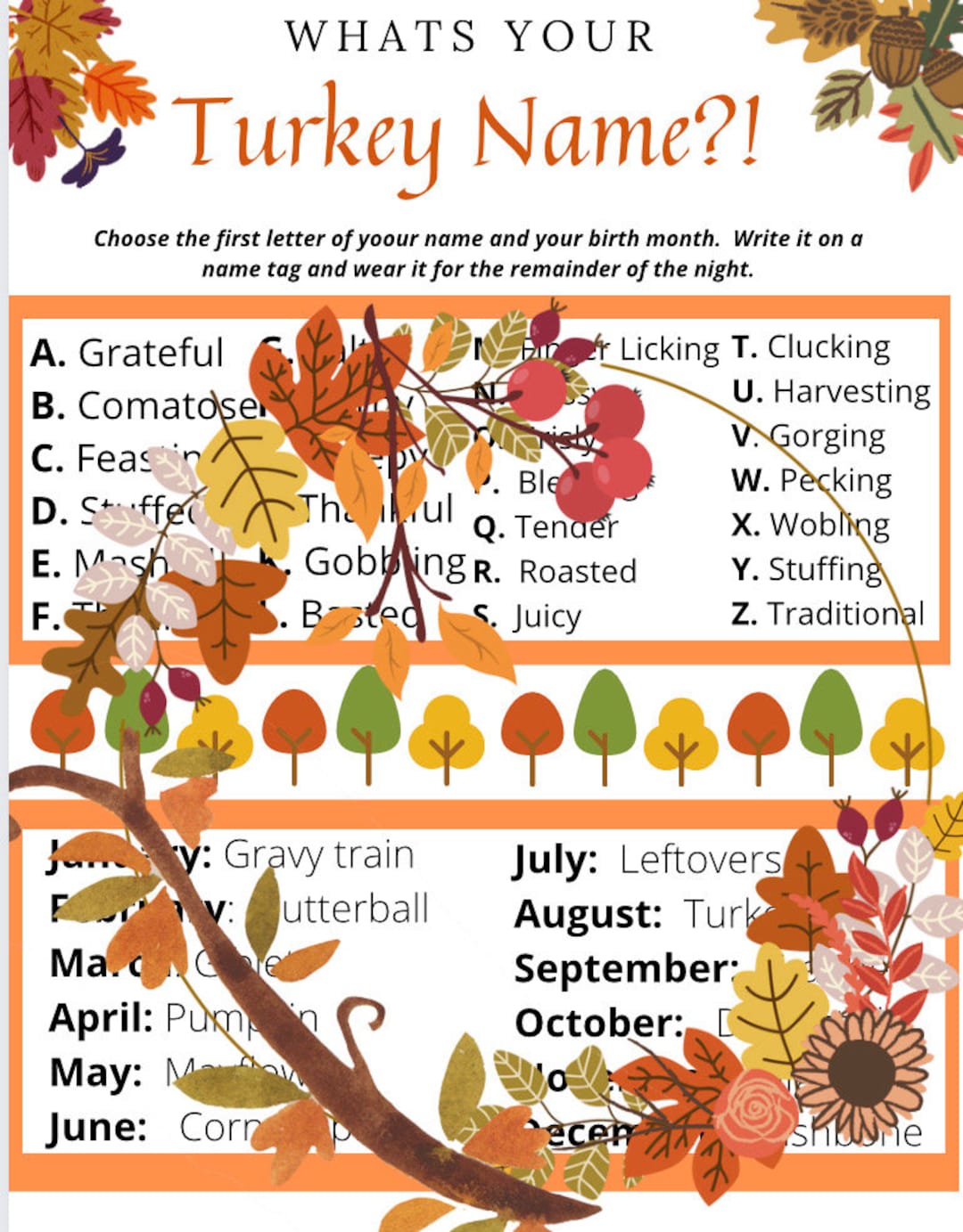 Thanksgiving Family Games (what's Your Turkey Name?) - Etsy