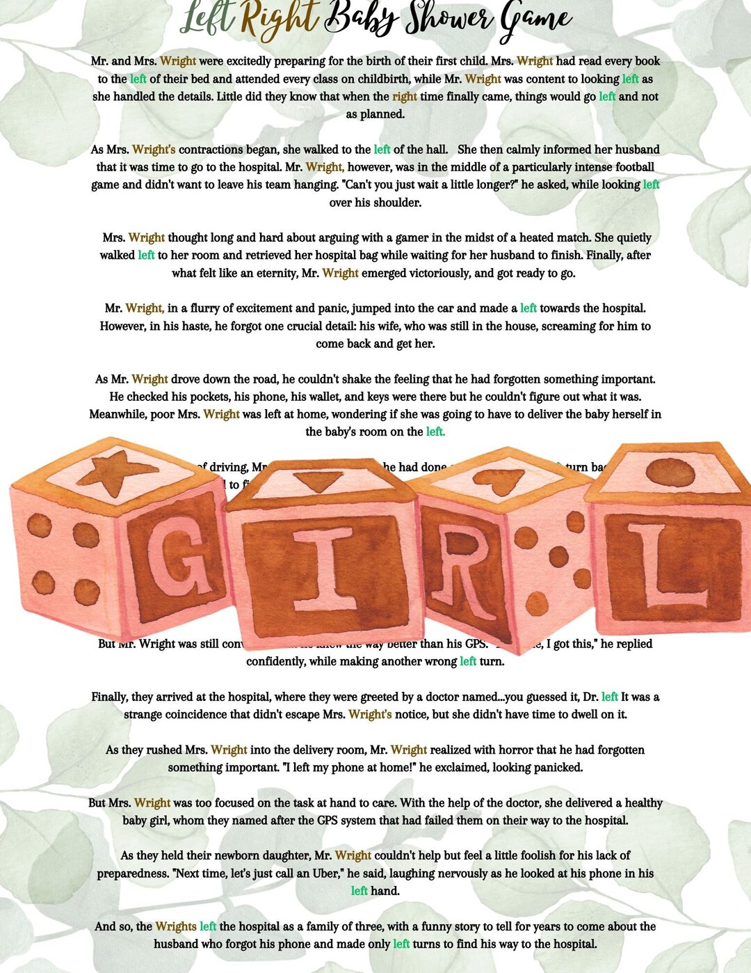 Left Right Baby Shower Game (girl) - Etsy