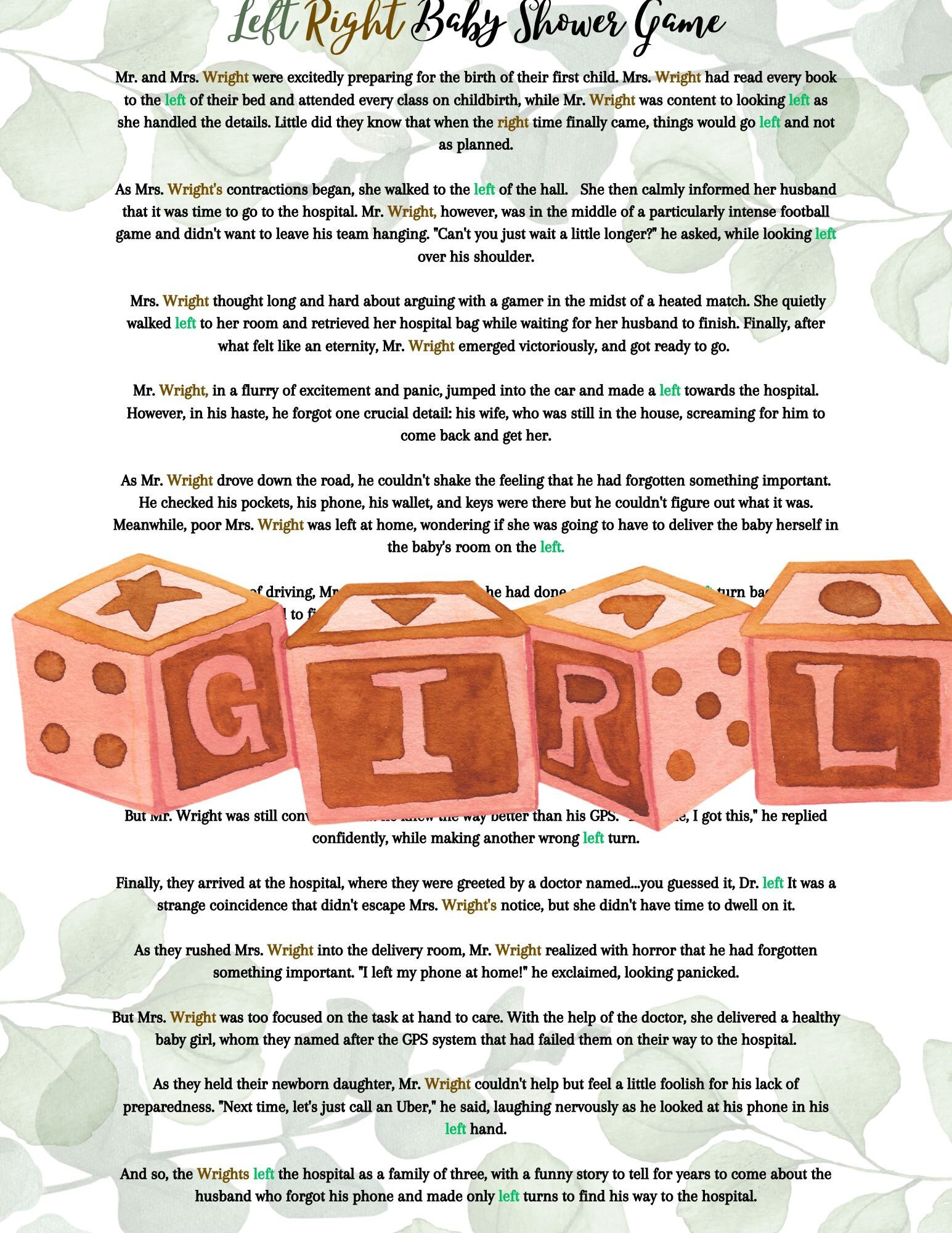 Left Right Baby Shower Game (girl) - Etsy