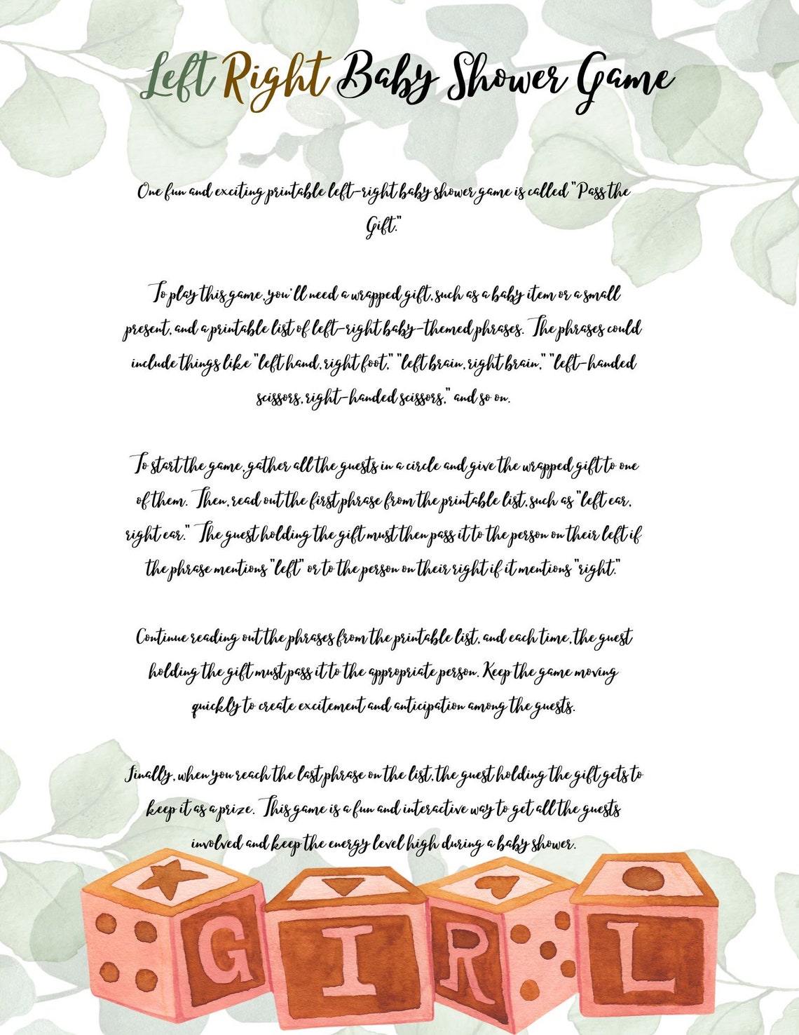 Left Right Baby Shower Game (girl) - Etsy