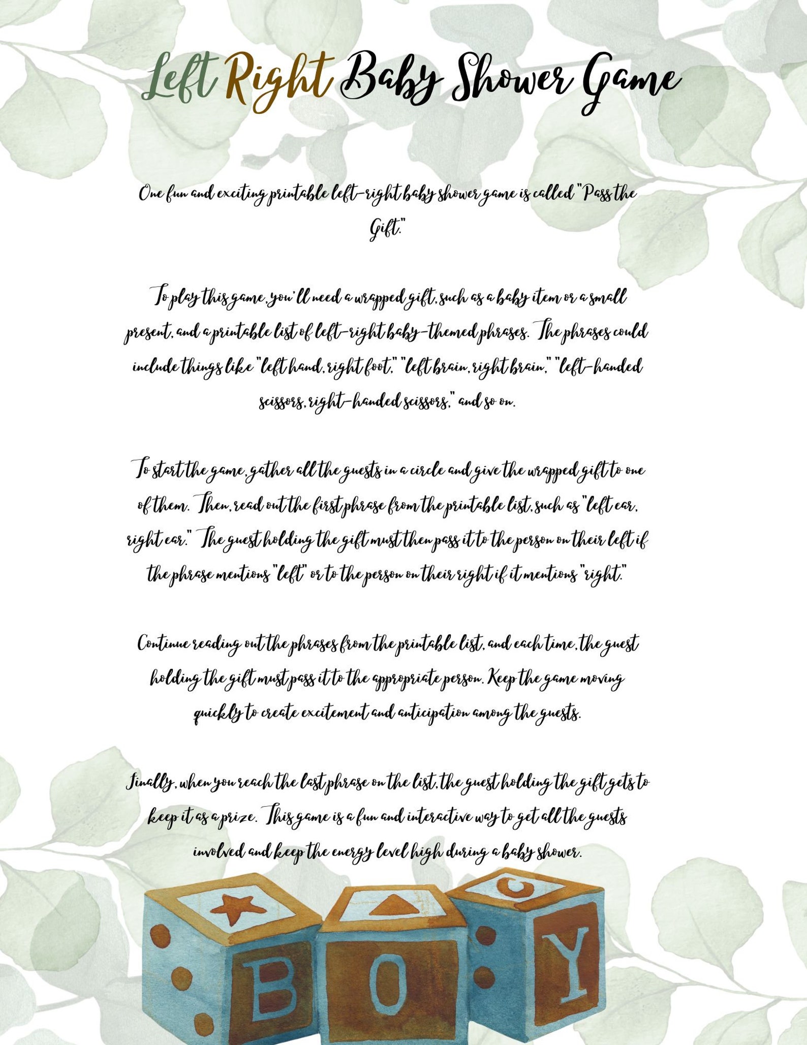 Left Right Baby Shower Game (boy) - Etsy