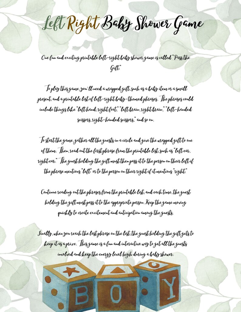 Left Right Baby Shower Game (boy) - Etsy