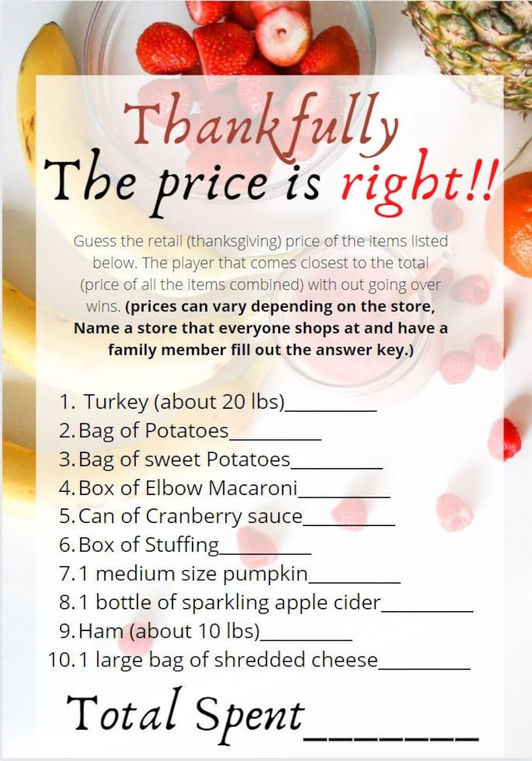 Holiday Game (thanksgiving) Price is Right - Etsy