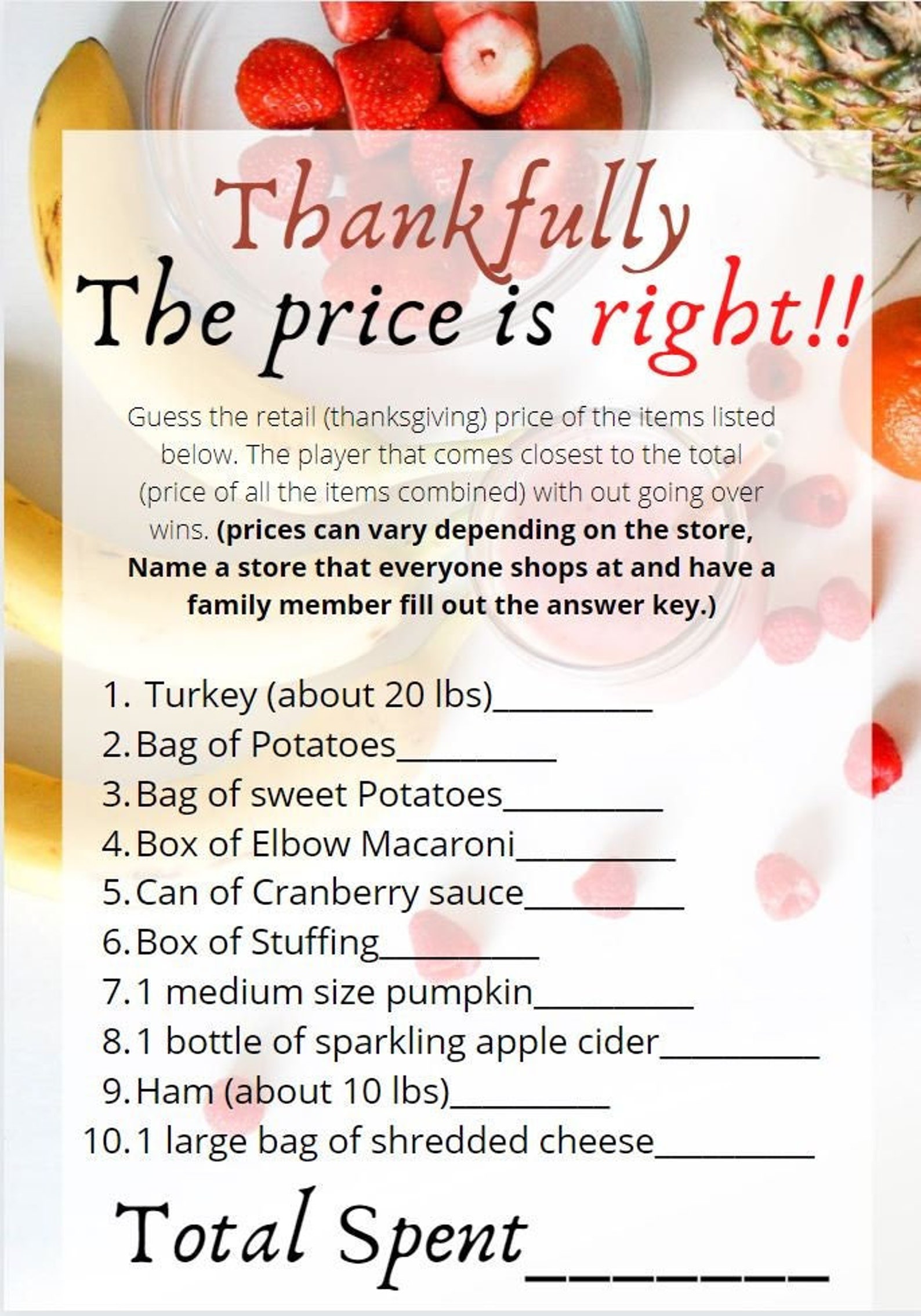 Holiday Game (thanksgiving) Price is Right - Etsy