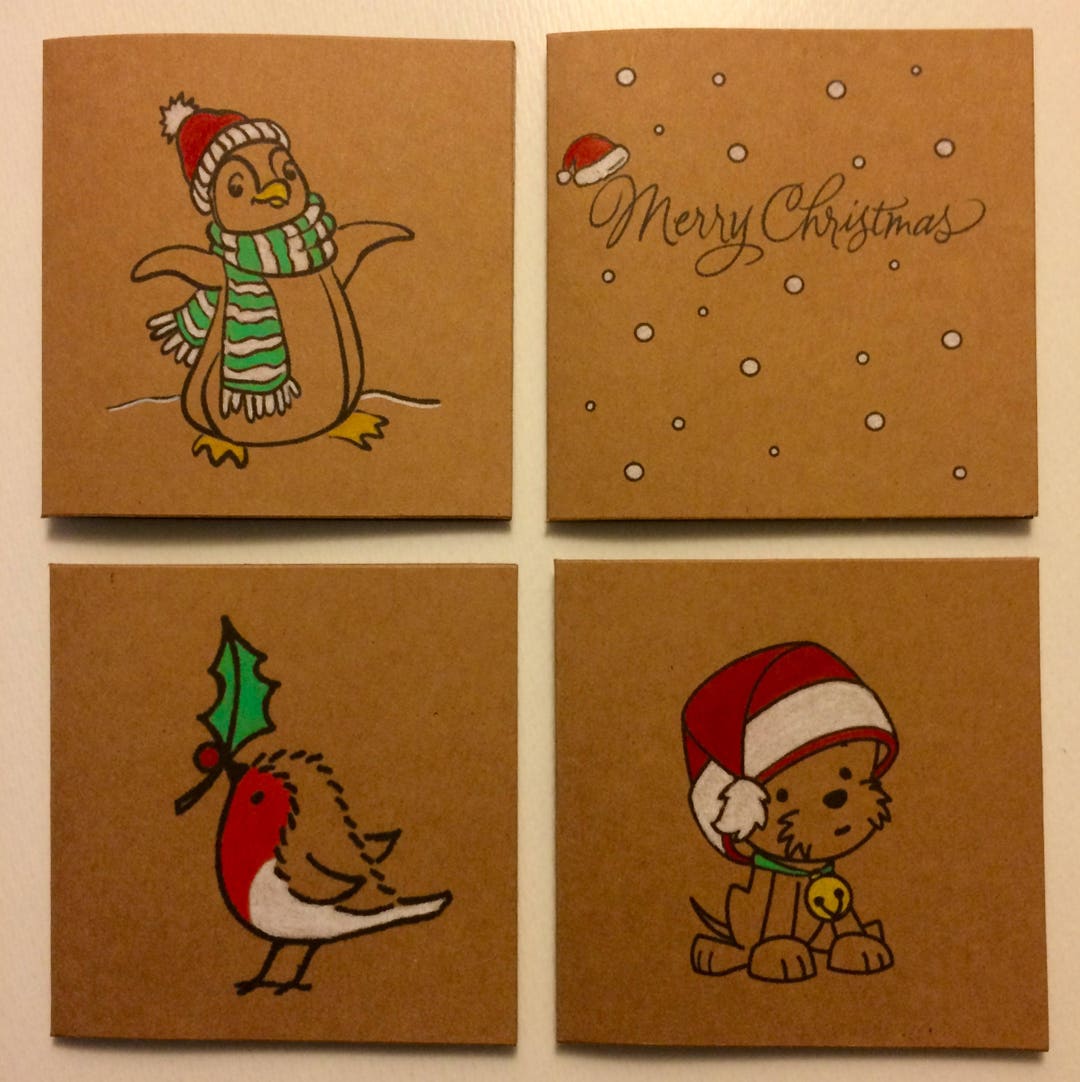 Set of 4 Unique Christmas Cards Cute Christmas Cards Handmade Colourful ...