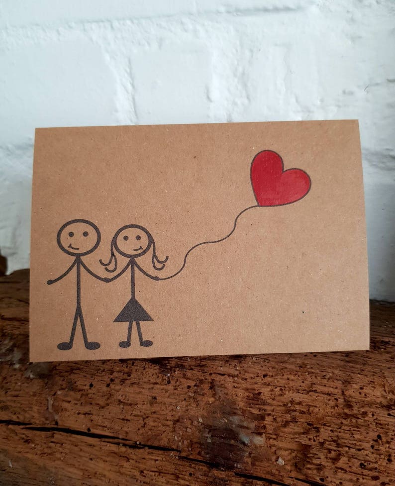 Handmade Stickman Anniversary Card - Kraft Card With Balloon Heart - Etsy