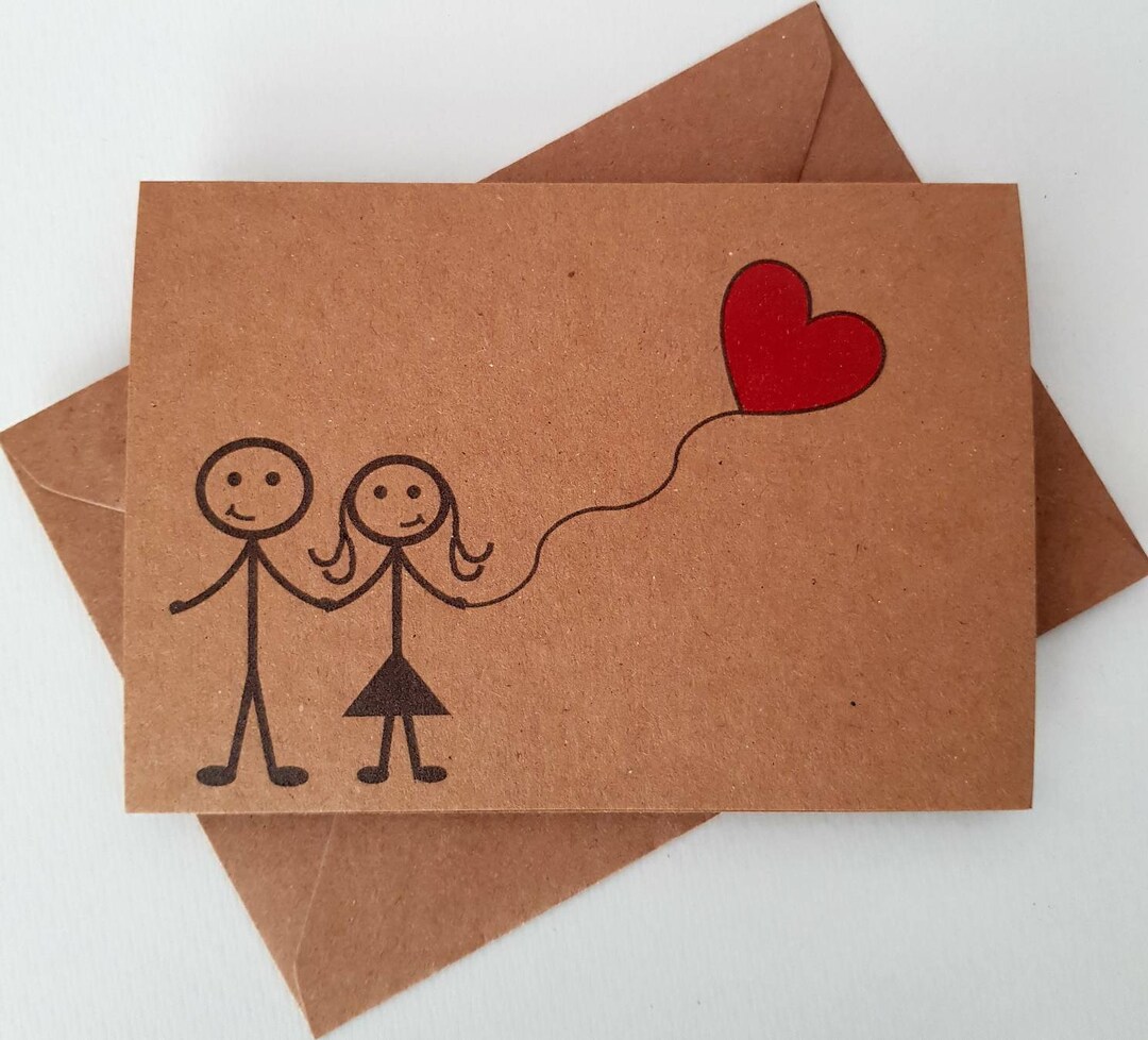 Handmade Stickman Anniversary Card - Kraft Card With Balloon Heart - Etsy