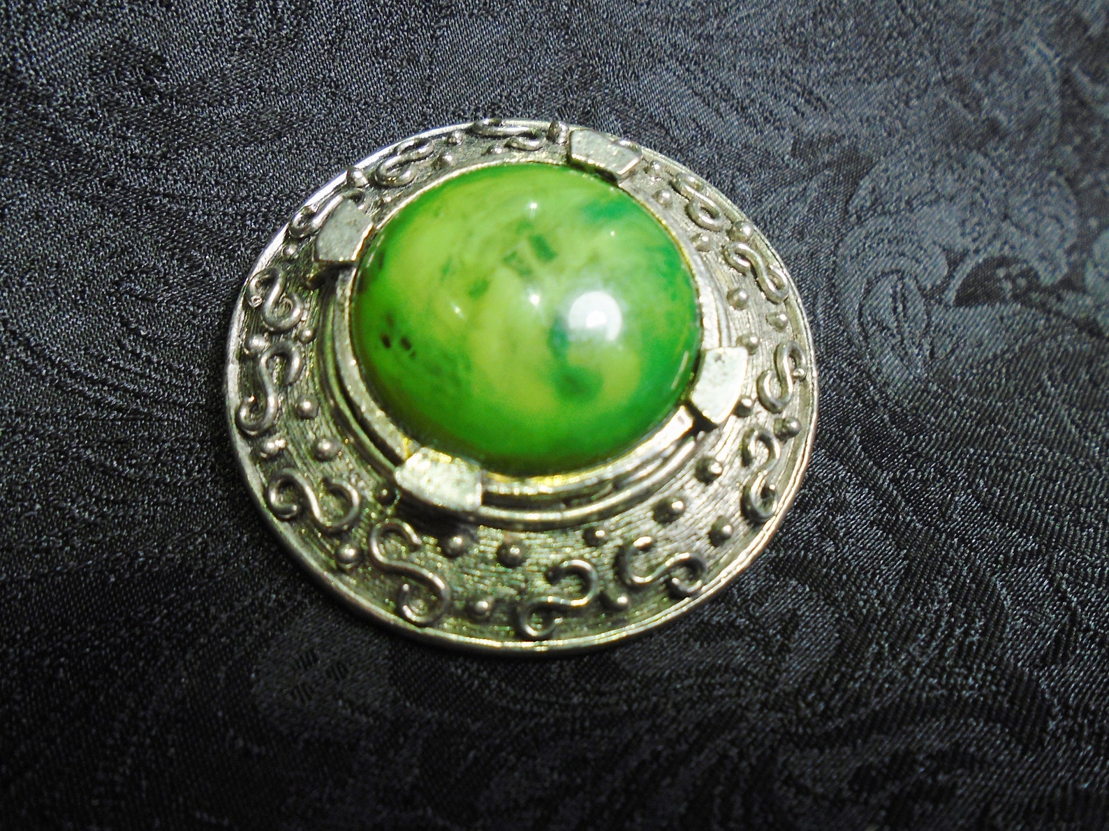 Vintage Pewter Round Brooch With Green Glass Stone Signed - Etsy UK