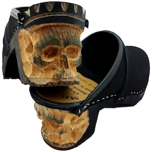 Original Swedish Clogs, Black Fat Leather With Carved 3 Dimensional ...