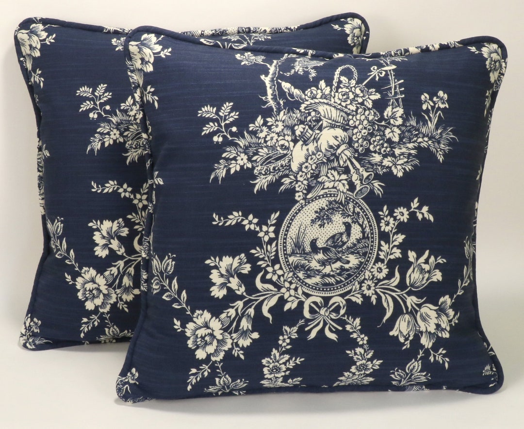 Set of 2 18 Indigo Blue Bird Toile Throw Pillows and - Etsy
