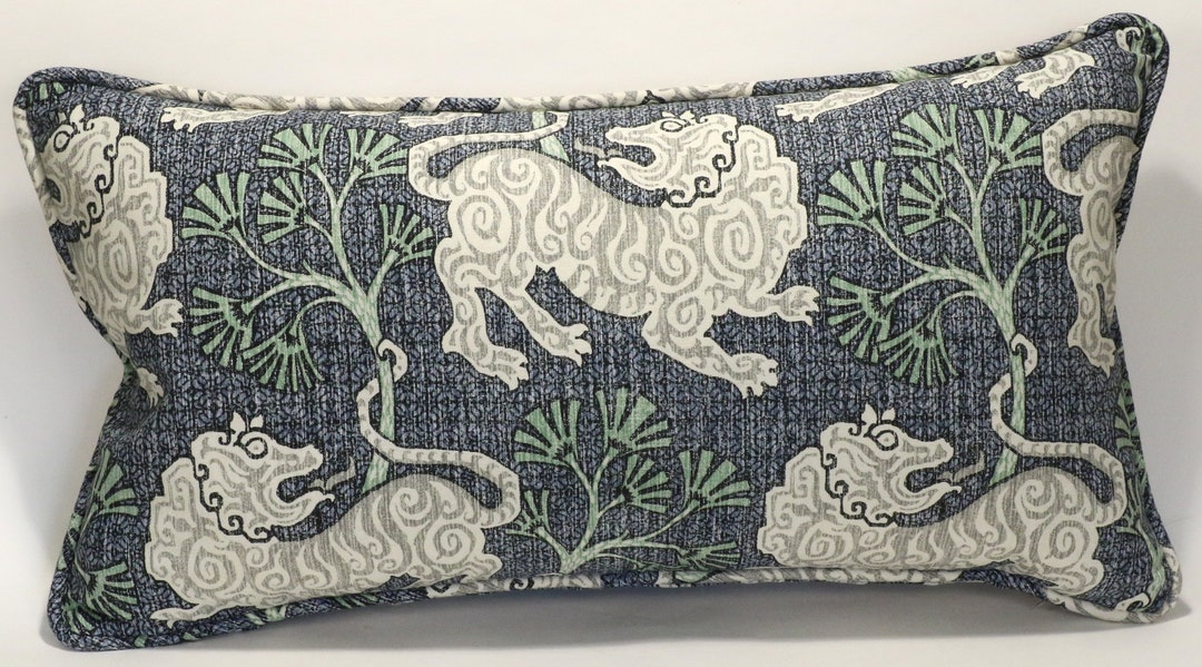 One 14" by 26" Blue Foo Dog Throw Pillow Cover, Lion Dance Indigo Blue ...