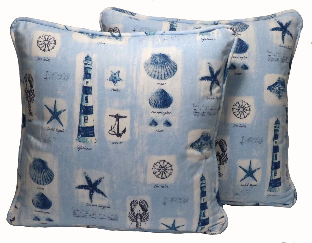 Set of 2 18 Coastal Beach Blue Throw Pillow Covers, Lighthouse Seashell ...