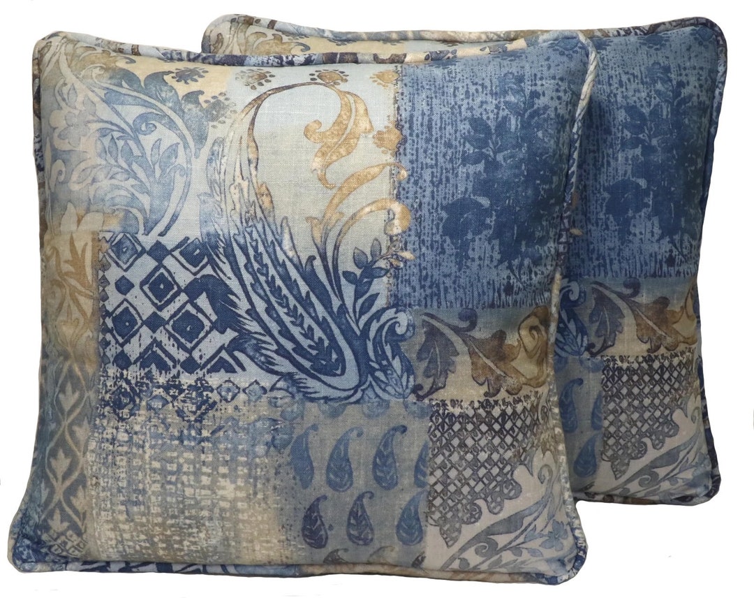 Set of 2 18" Blue Paisley Throw Pillows, Talia Harbor Linen Blue and ...