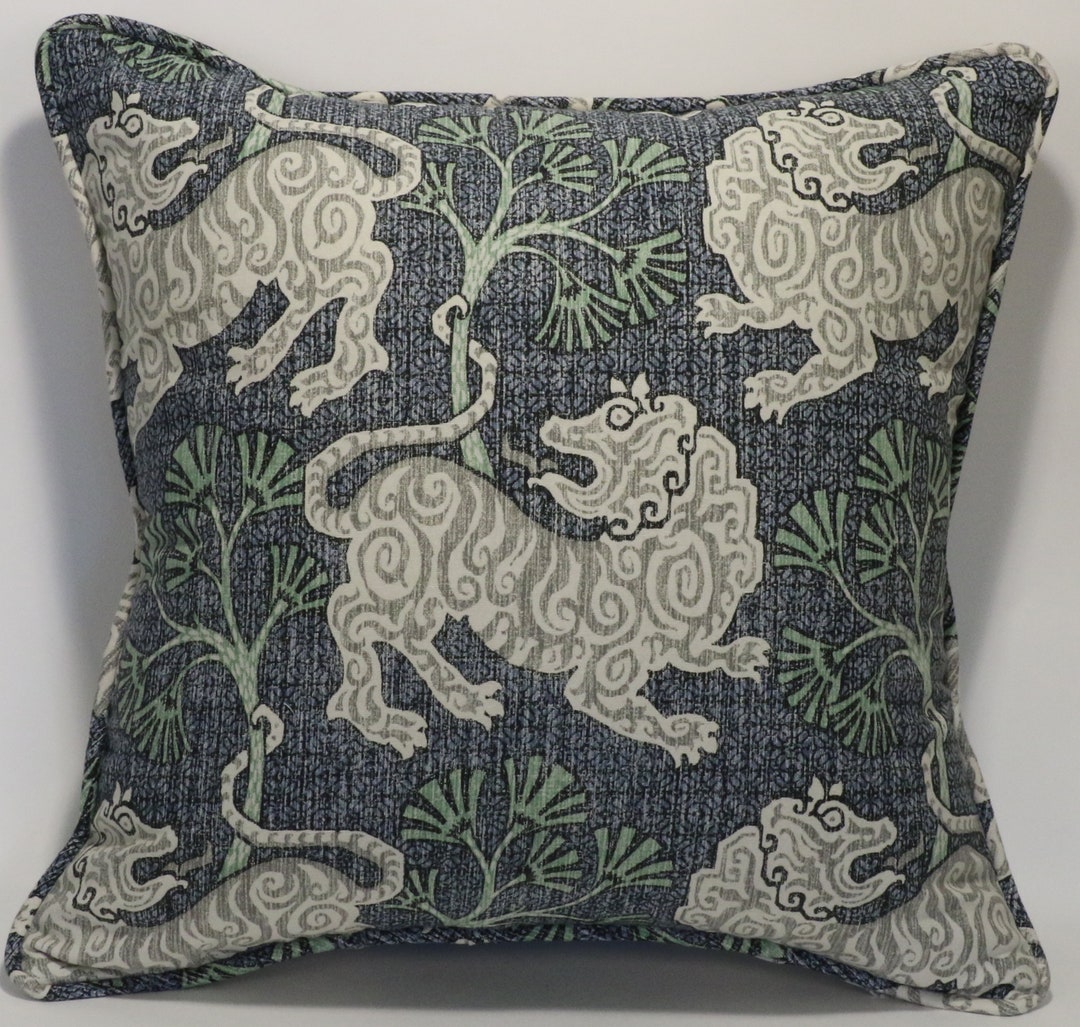 One 20" Blue Foo Dog Throw Pillow Cover, Lion Dance Indigo Blue Green ...