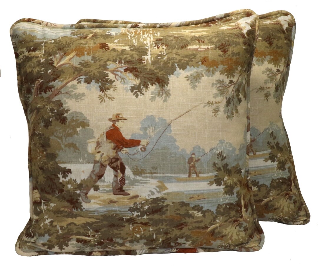 Set of 2 18" Fishing Throw Pillows, 2 Fly Fishing Green Tan Cream ...