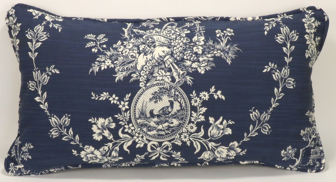 One 14" by 26" Indigo Blue Bird Toile Throw Pillow Cover, Blue Cream ...
