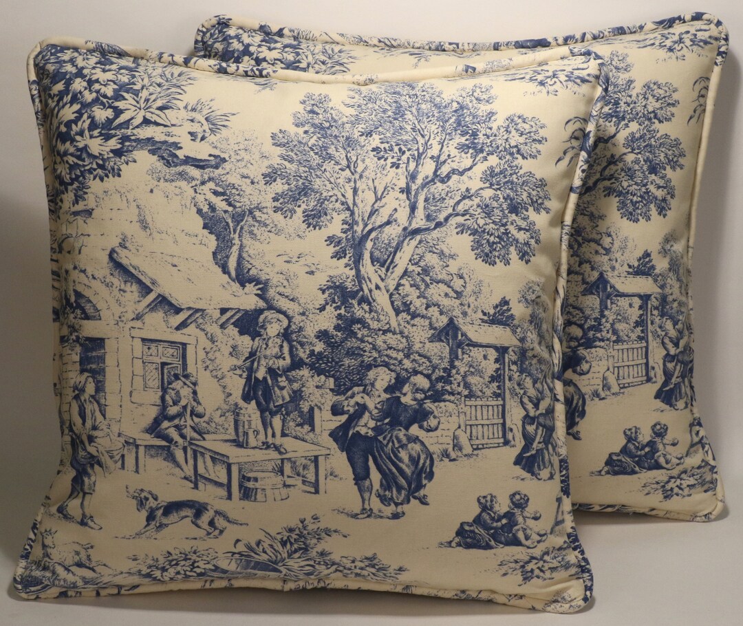 Set of 2 18 Blue Toile Throw Pillow Covers, Blue and Cream French ...