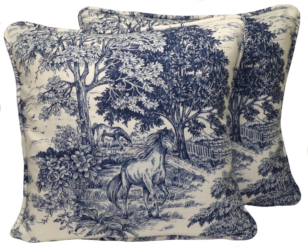 Set of 2 18" Blue Toile Horse Throw Pillow Covers, Blue and Cream ...