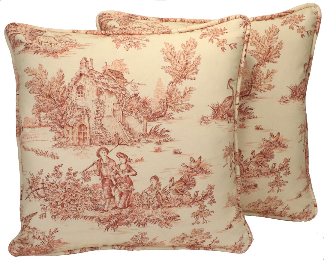 Set of 2 18 Country Toile Throw Pillow Covers, Burgundy and Cream ...