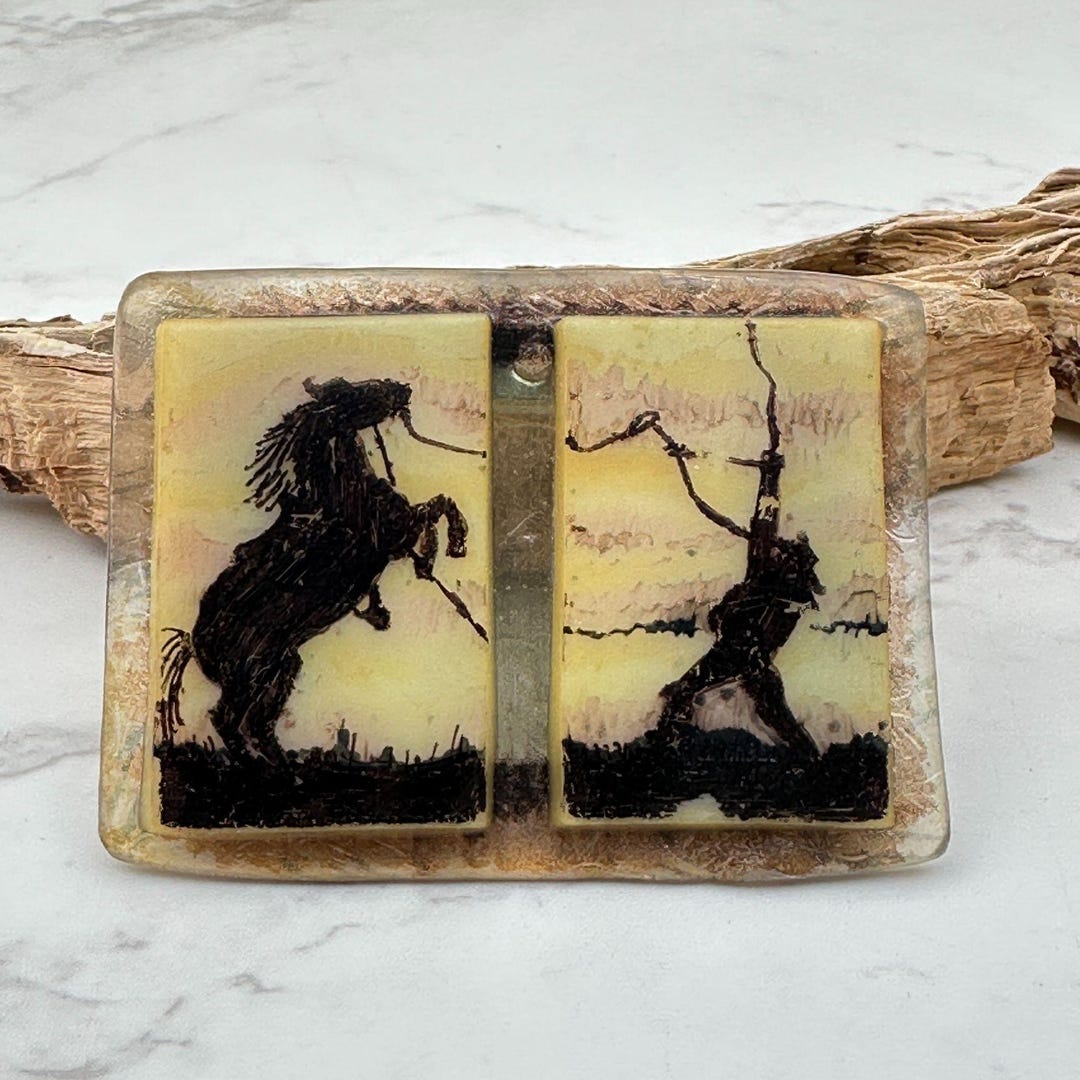 Vintage Early Plastic Horse & Cowboy Brooch With Silhouette Design on ...