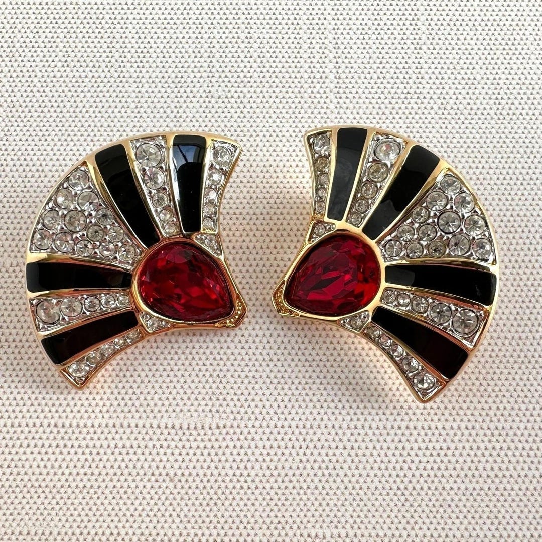 Swarovski Crystal Clip-on Earrings: Ruby Red Fan Design, 1980s ...