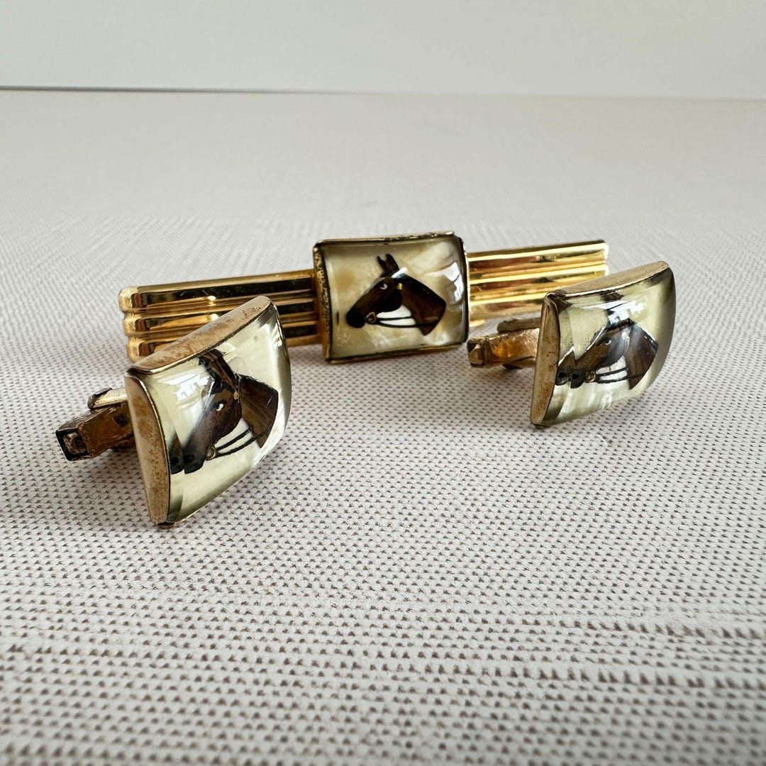 Vintage Horse Head Intaglio Glass Cufflink Tie Bar Set Gold Tone 1950s ...