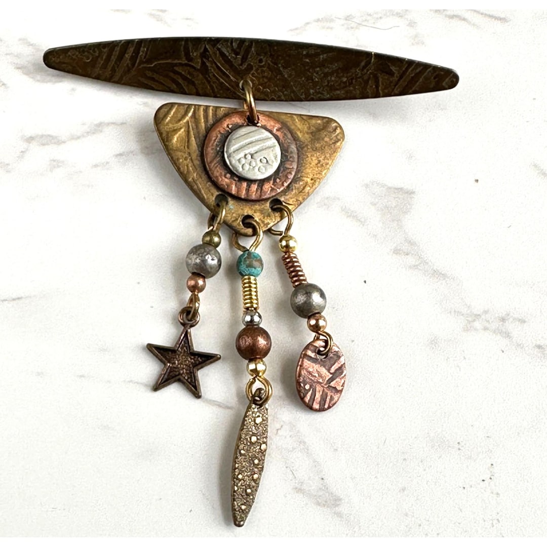 Artisan Celestial Pin Copper Brass Silver Star & Textured Charms Unique ...