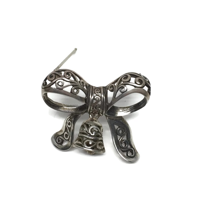 Bow and Bell Silver Filigree Brooch by Jezlaine - Etsy