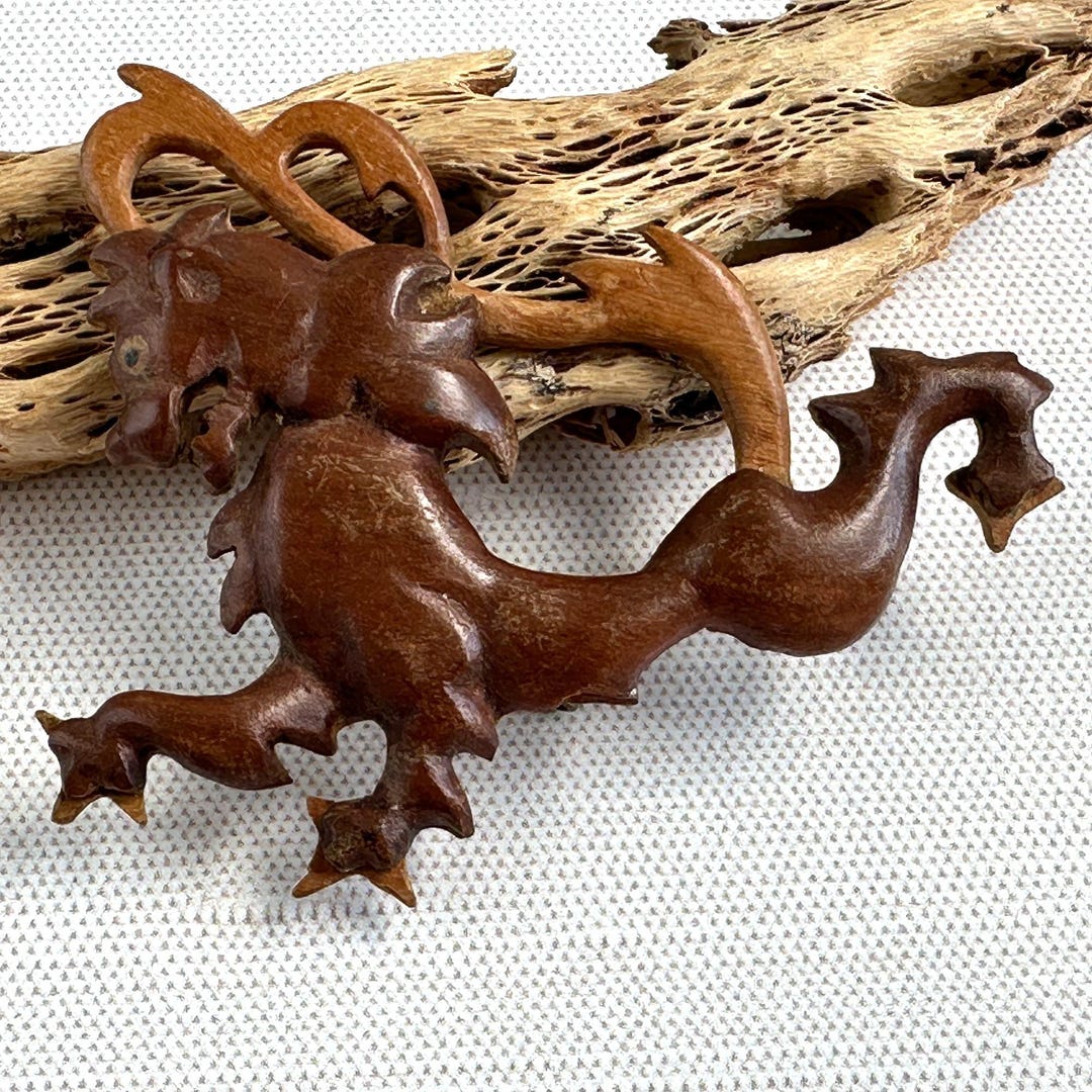 1940s Dragon Pin, Hand Carved Folk Art Wood Brooch, Heraldic Medieval ...