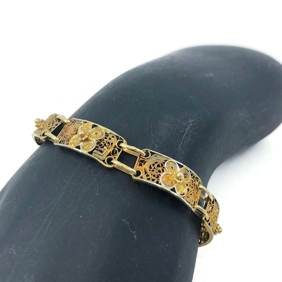 Mid Century Sterling Silver Filigree Panel Link Bracelet With Gold Wash Dainty Flower Bracelet Vintage Bracelets for Women Etsy