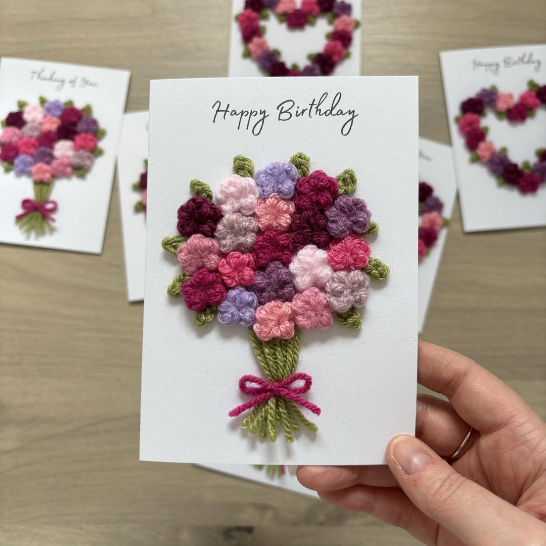 Crochet Floral Happy Birthday Card - Personalisation Optional - 100% ...