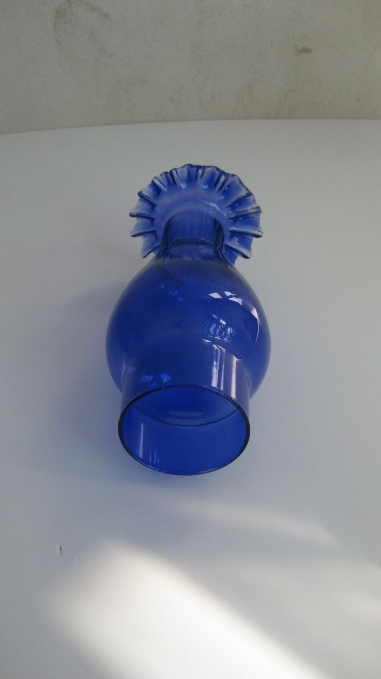 COBALT BLUE Glass Frill Top Chimney for Oil / Electric Lamps (base 2 5/ ...