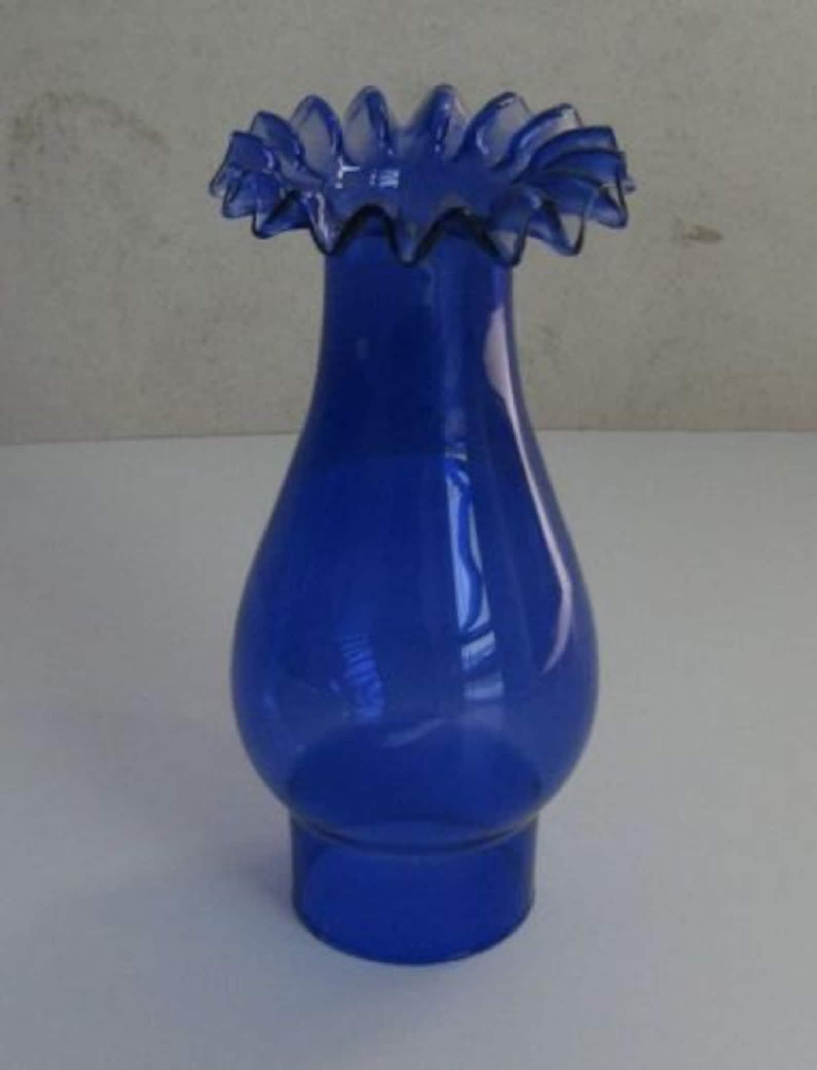 COBALT BLUE Glass Frill Top Chimney for Oil / Electric Lamps (base 2 5/ ...
