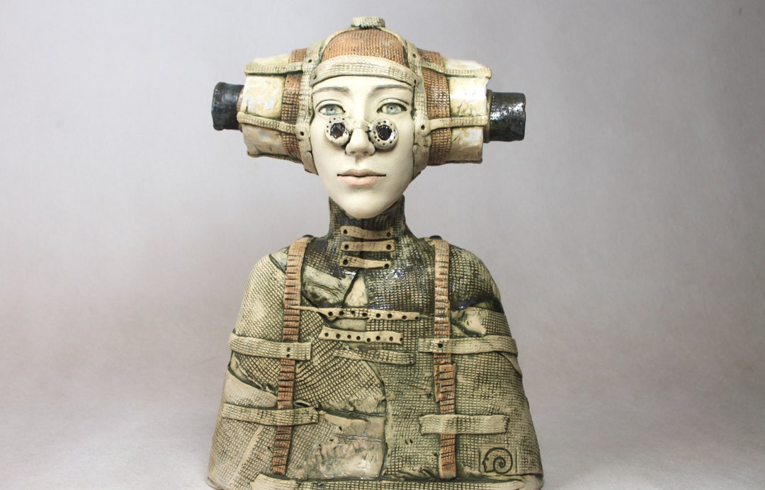 Steampunk Sculpture Bust , Male Ceramic Sculpture , Handmade Sculpture ...