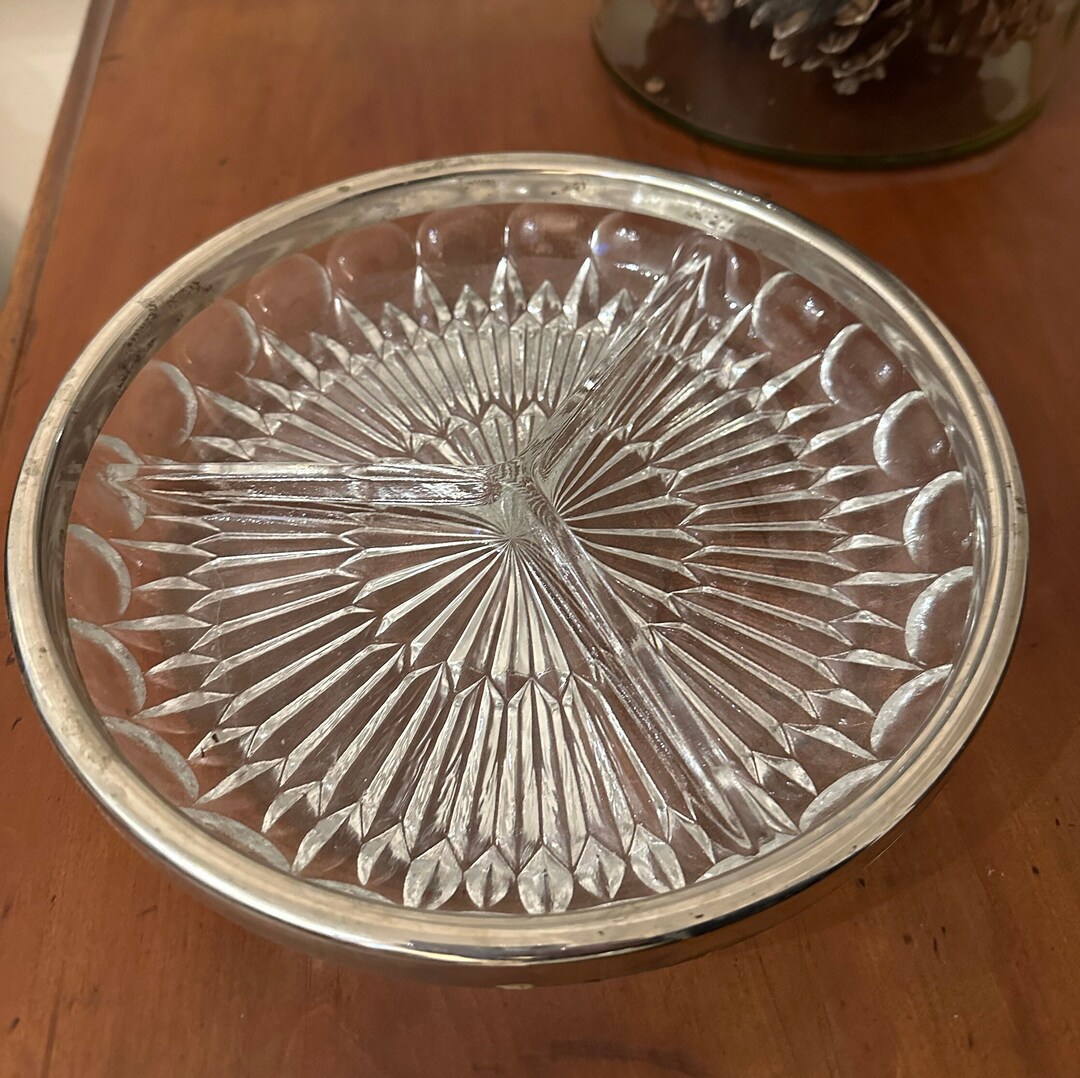Mid Century Cut Crystal Divided Plate/ Condiment Tray With Silver Rim ...