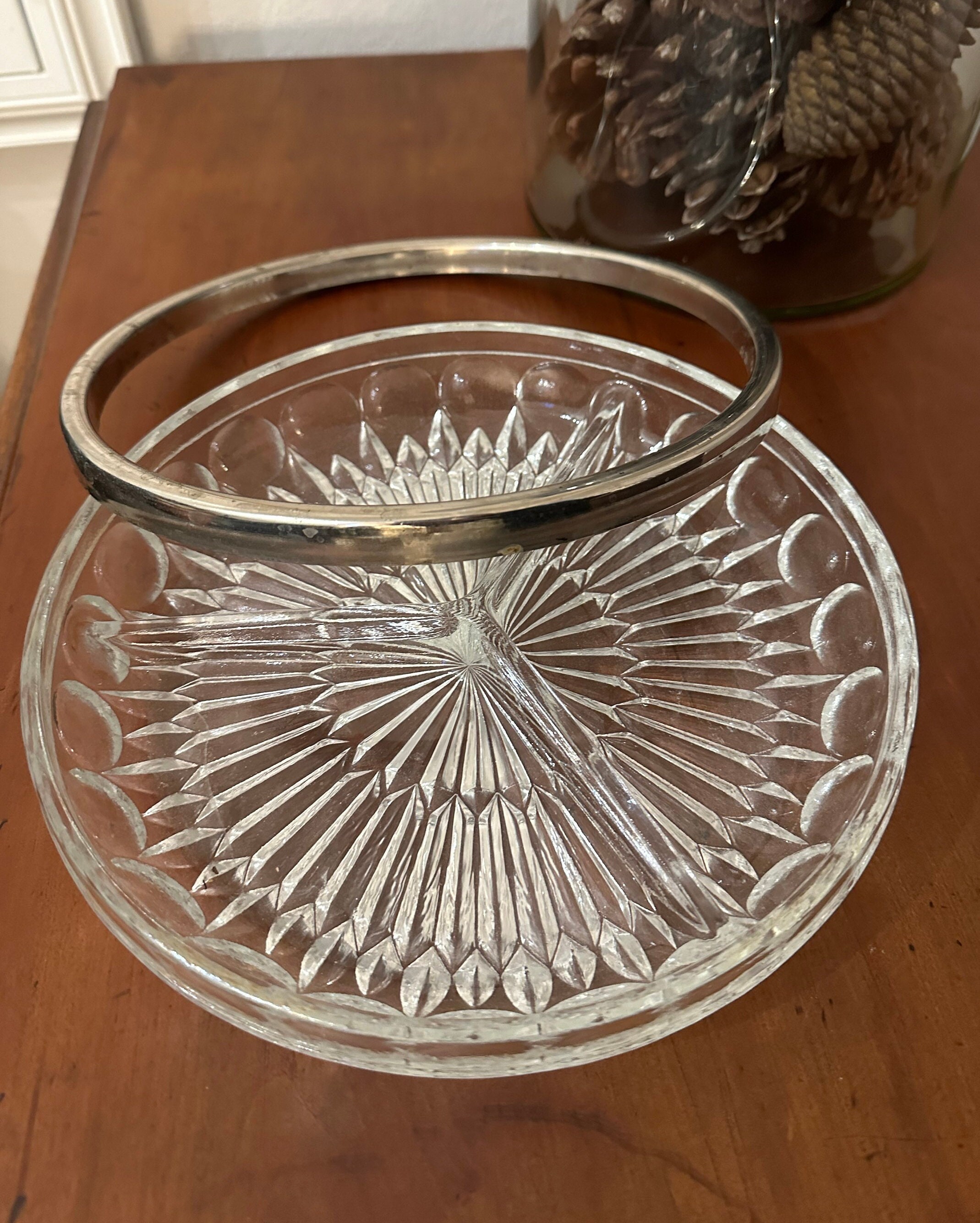 Mid Century Cut Crystal Divided Plate/ Condiment Tray With Silver Rim ...