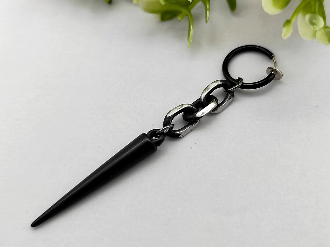Black Spike Earring, Long Spike Dangle, Chain Spike Clip-on, One Spike ...