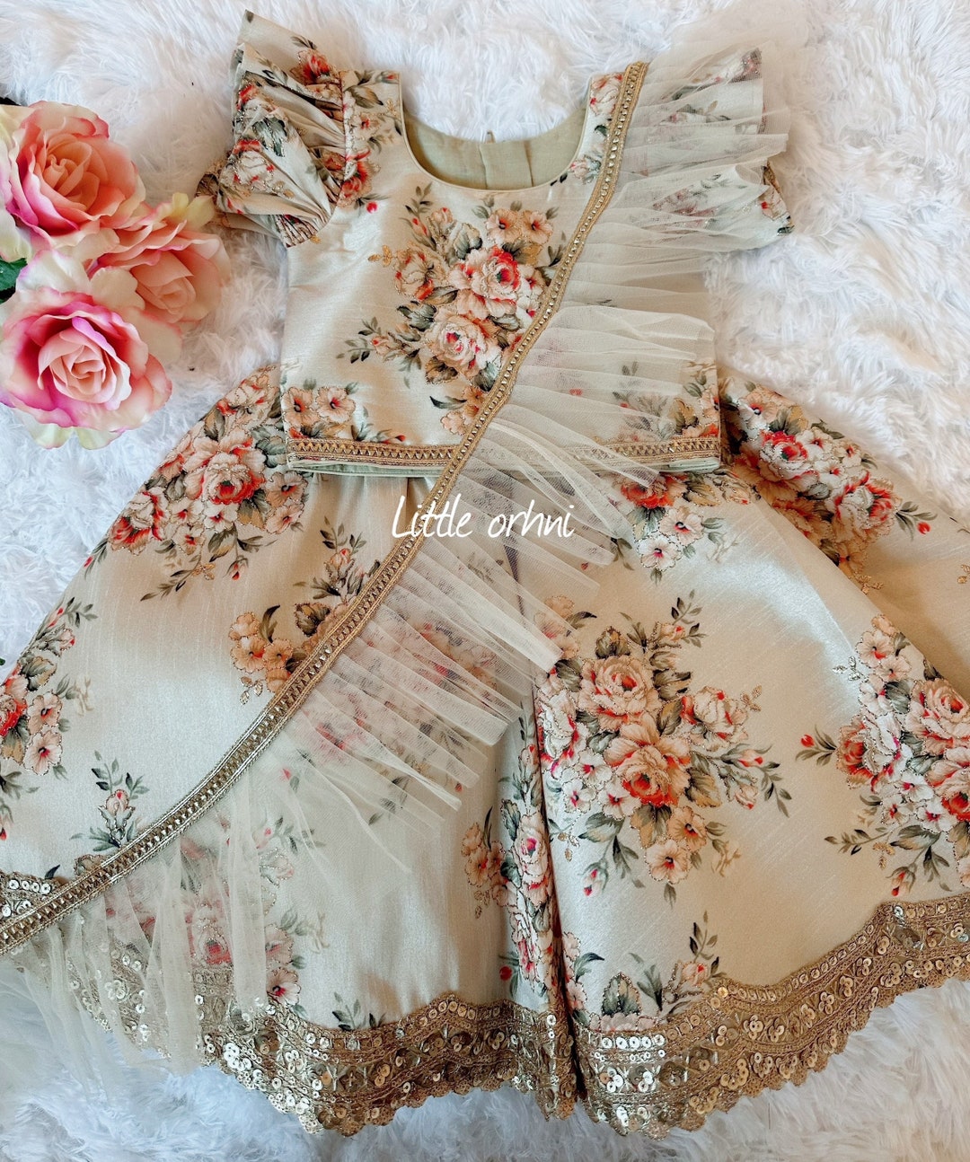 Ivory Gold Princess Lehenga Set | Eid Dresses for Kid | Wedding Floral ...