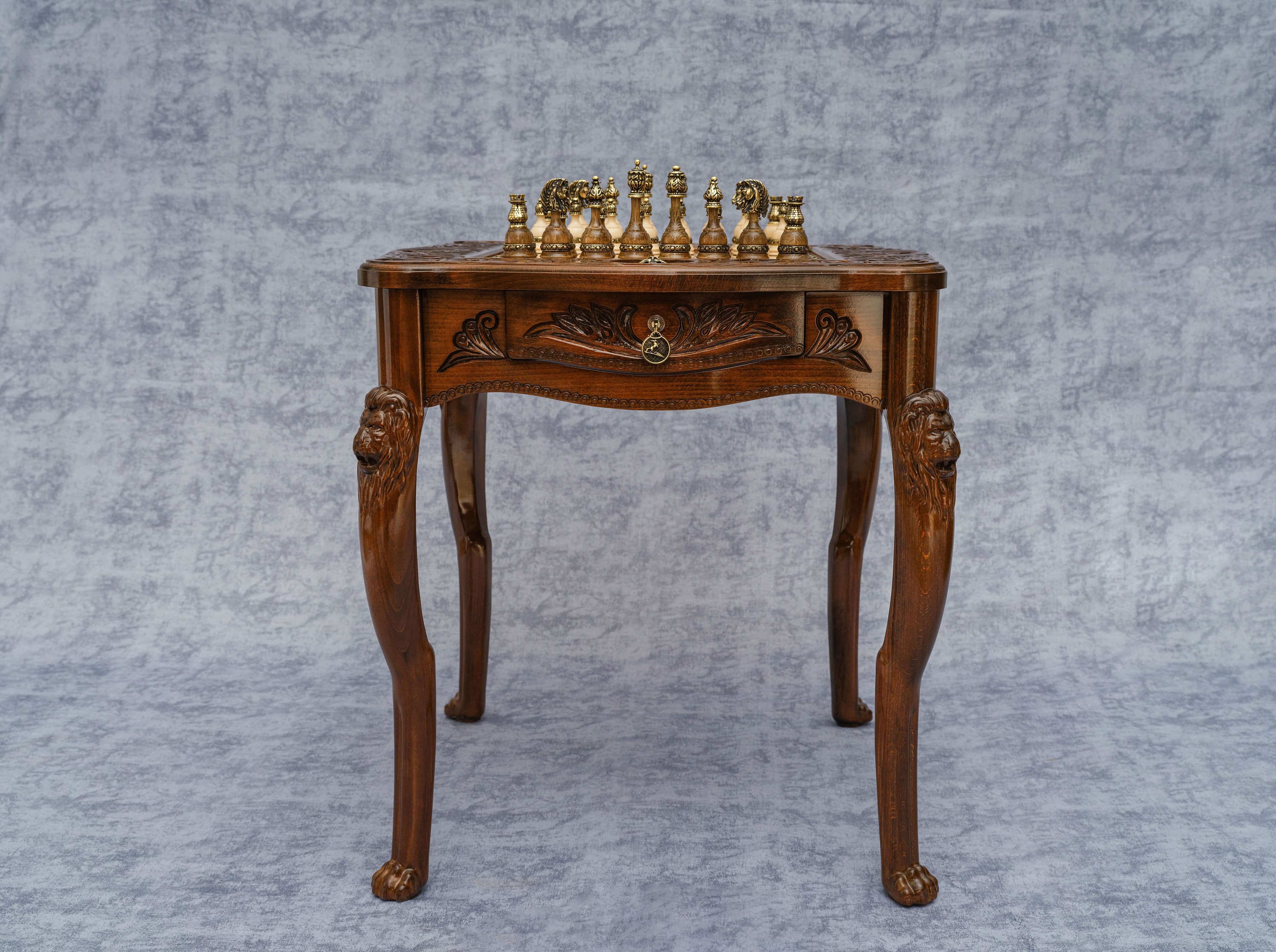 Custom Engraved Chess Table W/ Lion, Wooden Chess Set, Checker Board ...