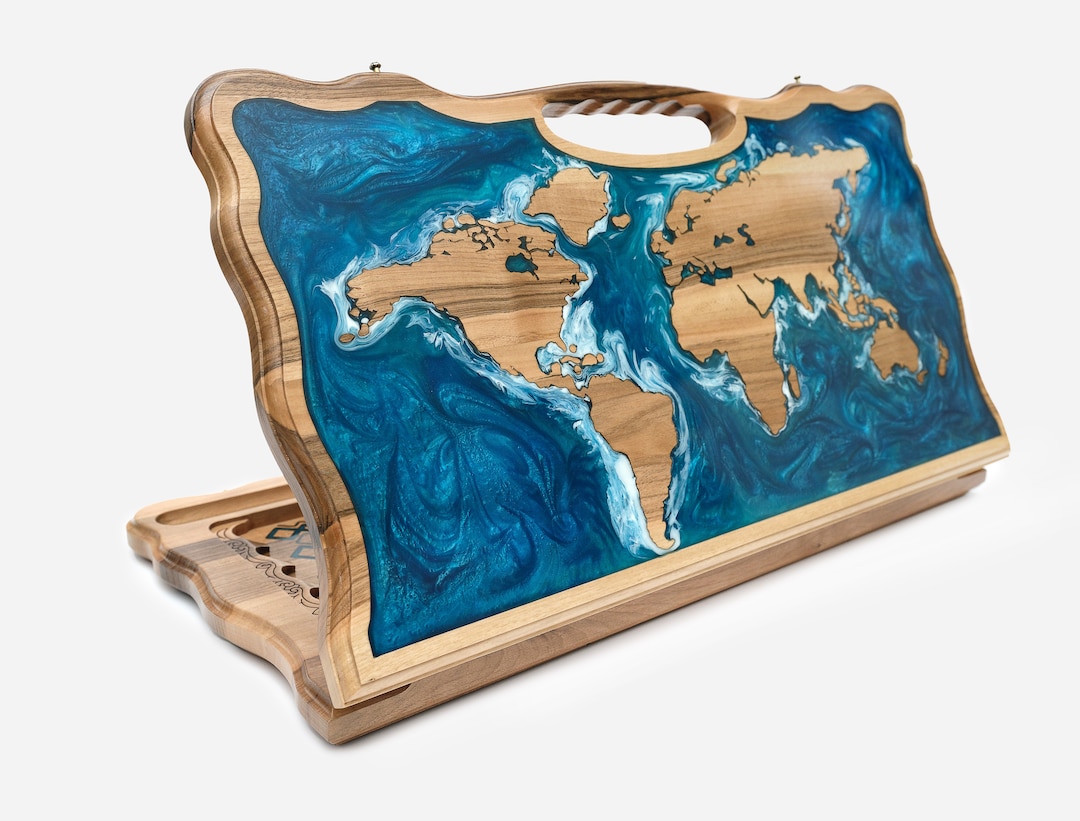 Luxury Walnut Wood and Blue Epoxy Resin Chess Backgammon Board Set W ...