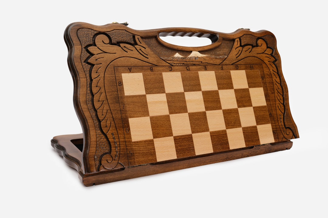 Hand Carved Wooden Chess Set, Handmade Folding Chess Board, Travel ...