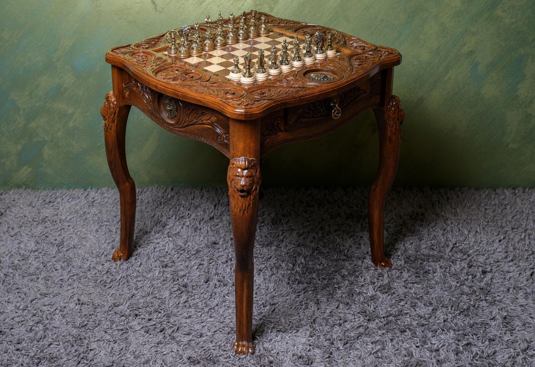 Engraved Lion Chess Table: Wooden Chess Set, Folding Board Game - Etsy