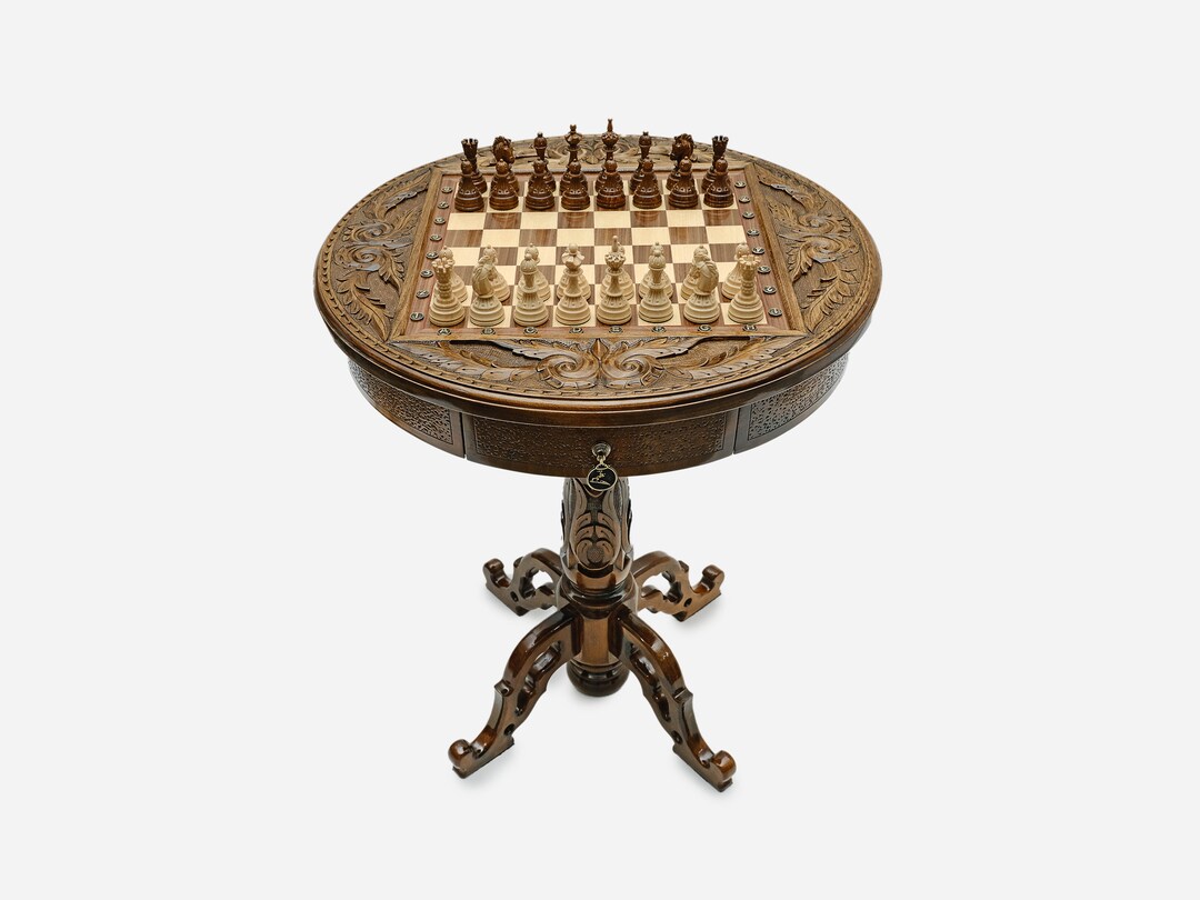 Premium Round Chess Table With Drawers, Engraved Wood Chess Set With ...